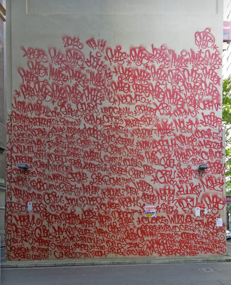 Barry McGee’s tag murals – Walls covered with hundreds of red tags