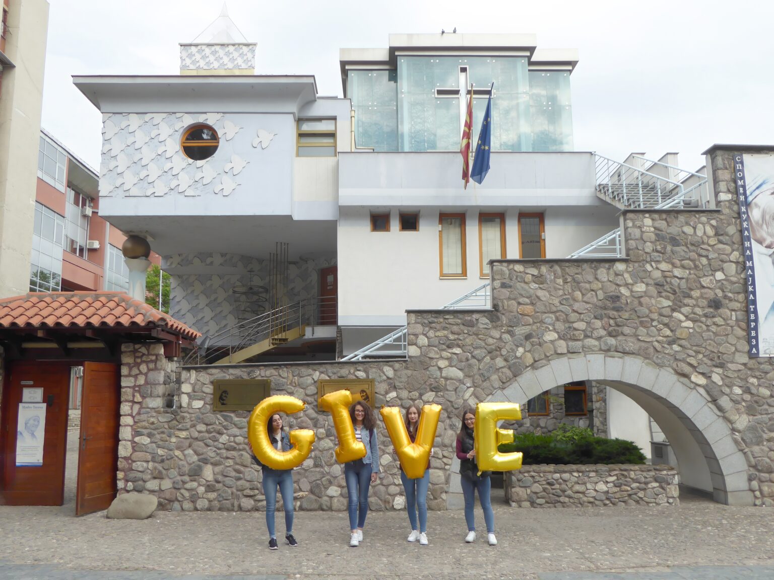 Golden balloons at Memorial House of Mother Teresa (Shtëpia ...